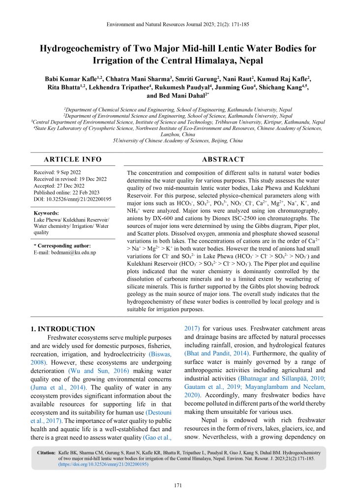 Hydrogeochemistry of Two Major Mid-hill Lentic Water Bodies for ...