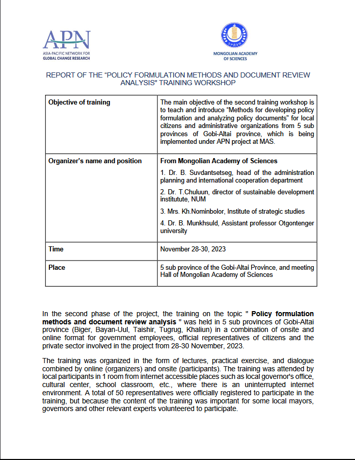 Report of the “Policy formulation methods and document review analysis ...