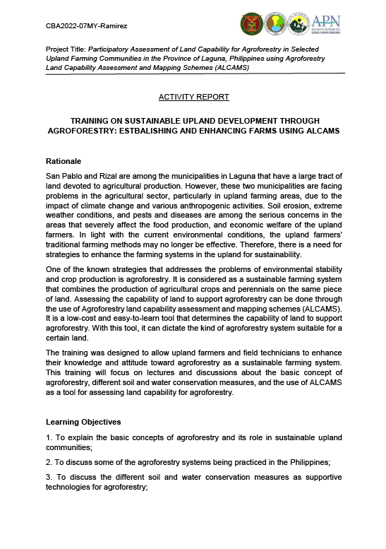 Event Report: Training on sustainable upland development through ...